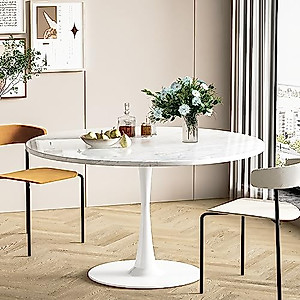 DKLGG White Marble Round, 42.1" Tulip Kitchen Dining 4-6 People with MDF Top & Pedestal Base, Mid-Century End Leisure Coffee Office Living Room Table