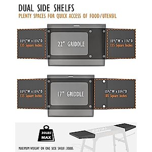Griddle Stand for Blackstone 17''/22'' Griddle, Portable Blackstone Stand with Sideshelfs, Tool Hooks, Paper Towel Holder and Garbage Bag Holder, Foldable Grill Stand for Ourdoor Tailgating or Camping
