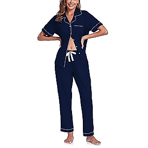 COLORFULLEAF Women's 100% Cotton Pajama Set Summer Button Down Short Sleeve Shirt and Long Pants Sleepwear Soft Lounge Sets(Navy Blue, L)