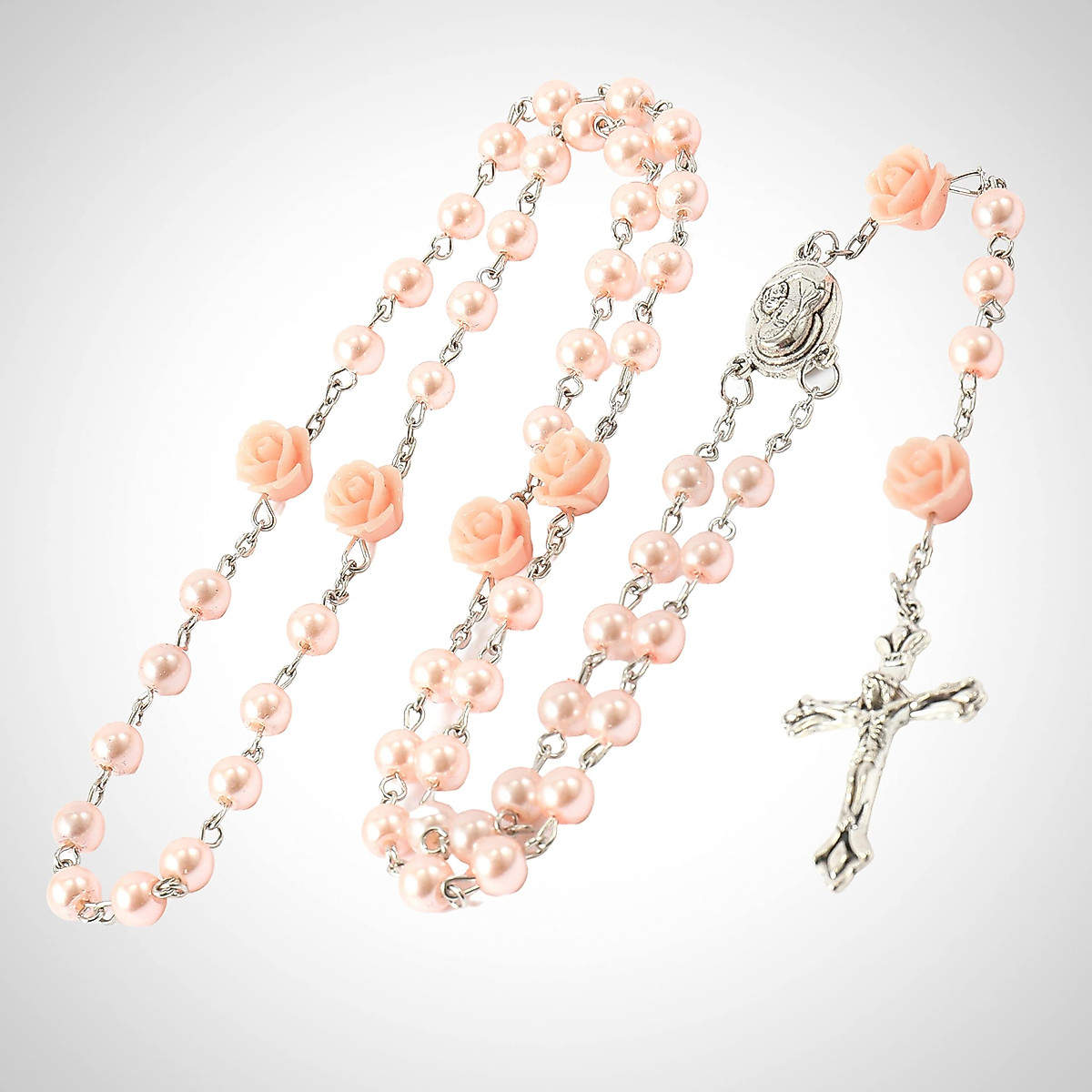 Nazareth Store Catholic Pink Pearl Beads Rosary Necklace Maddona Holy Soil Medal & Cross Crucifix