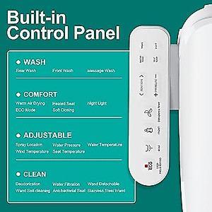 Aquatiz Elongated Smart Toilet Seat, Electronic Heated Toilet Seat, Self-Cleaning Nozzle, Temperature Controlled Wash, Air Dryer, Deodorizer, LED Light, Multi-mode Wash, (Panel Control)