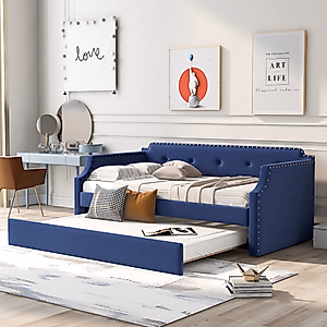 Harper & Bright Designs Twin Size Upholstered Daybed with Trundle, Upholstered Daybed Sofa Bed Frame for Living Room Bedroom, Blue