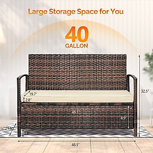 VINGLI 40 Gallon Outdoor Bench with Storage, Wicker Deck Box, Rattan Outdoor Storage Box, Patio Sofa Storage Bench with Cushion for Porch, Yard, Lawn, Garden (Brown)