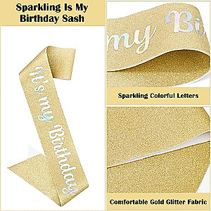 BAHABY Birthday Crown for Women It's My Birthday Sash & Rhinestone Tiara Set Birthday Sash and Tiara for Women Rhinestone Headband for Girl Glitter Crystal Hair Accessories for Party- Gold