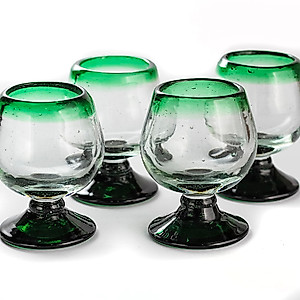 MEXTEQUIL - Authentic Mexican Tequila Hand Blown Shot Glasses - Set of 4-2 oz - Mini Glass Snifters - Heavy Base - Cognac (Green Rim)