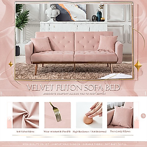 Convertible Velvet Futon Sofa Bed, Upholstered Loveseat Sleeper Couch with 3 Reclining Angles and 2 Pillows, Modern Living Room Sofa Couch with 5 Solid Metal Legs for Guest Room, Office, Pink