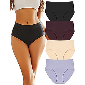 FINETOO Women's High Waisted Seamless Underwear Full Coverage Brief Ladies No Show Panties Sexy Lingerie Regular&Plus Size(L)