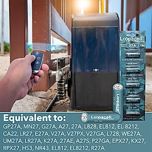 LOOPACELL 27A 12V Alkaline Battery (Pack of 5) - Long Lasting, Leakproof MN27 Battery for Garage Door Openers, Key Fobs, Heated Socks, Ceiling Fan Remote Control, Alarm Remote Control & More