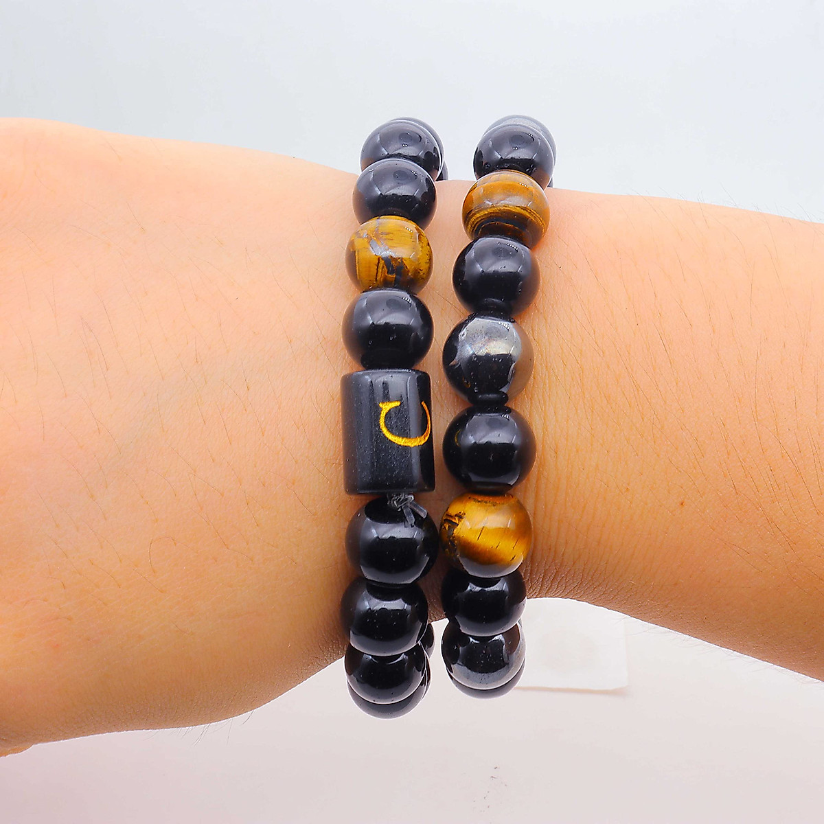 CJIAYUJEW 10mm Mens Beaded Bracelets, Initial Letter Triple Protection Bracelets for Women, Natural Tiger Eye Black Obsidian Hematite Beads Elastic Bracelets (C)