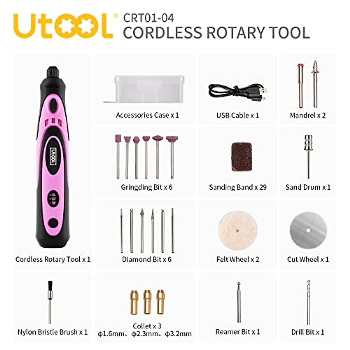 UtooL Cordless Rotary Tool Kit 4V with 42 Accessories, USB Charging Cable and 3-Speed Mini Rotary Tool for Nail Trimming, Cutting, Drilling, Etching, Sanding, Engraving, Polishing & DIY Crafts, Pink