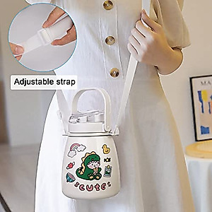 VAlinks Big Belly Stainless Steel Water Bottle with Shoulder Strap, Handle & Cute Stickers, 32oz/900ml Cute Insulated Water Bottle with Straw, Leak Proof Flip-Top Lid Vacuum Bottle, White