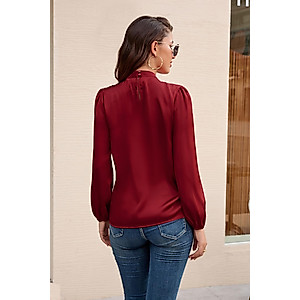 Ladies Workwear 2023 Trendy Summer Fall Mock Neck Lantern Long Sleeve Blouse Shirt Twist Front Top Wine Red XXL