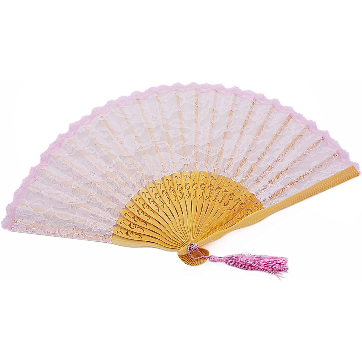 Womens Multi Color Handmade Cotton Lace Folding Hand Fan (Black-A) (Pink)