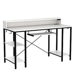 Rolanstar Computer Desk 47 inch with LED Lights & Power Outlets, Gaming Desk with Storage Shelves, Home Office Desk with Keyboard Tray, Writing Desk with Monitor Stand, Study Desk, White