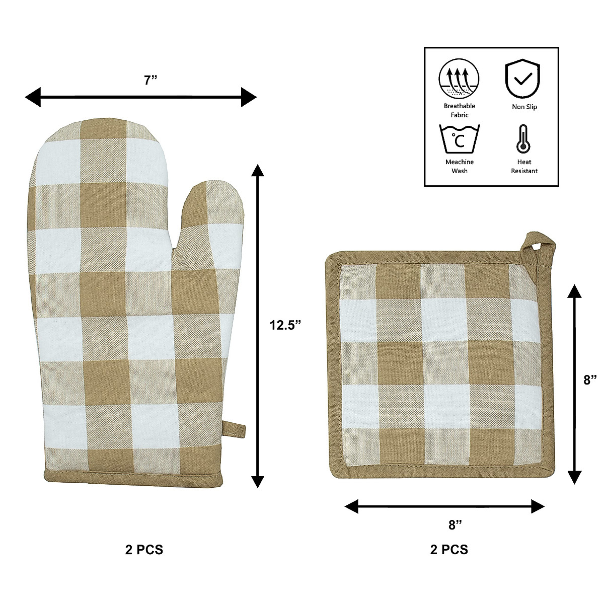 PurpleEssences Buffalo Check Kitchen Collection Pot Holders and Oven Mitts Sets with Hanging Loop - Heat Resistant Non-Slip Washable – Ideal Hot Pads for Cooking Baking BBQ - 4-Piece Set Beige/White