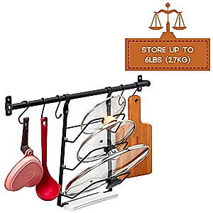 EZOWare Hanging Pot Lid Organizer Holder Rack with Drainboard Set, Includes 23.6 inch Kitchen Wall Mounted Rail Rod with 5 S Hooks for Utensils Pots Pans Lids - Black
