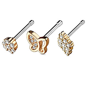 BodyJ4You 3PCS 20G Nose Ring Bone Stud Set Surgical Steel Rose Goldtone Pin Piercing Value Pack