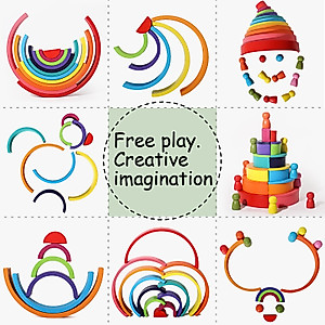SHIERDU 45-Piece Wooden Rainbow Stack Set, 4-in-1 Building Blocks preschoolers Early Development & Activity Toys Montessori Toys for Kids 3, 4, 5, 6 Years and Older Gifts for Boys and Girls