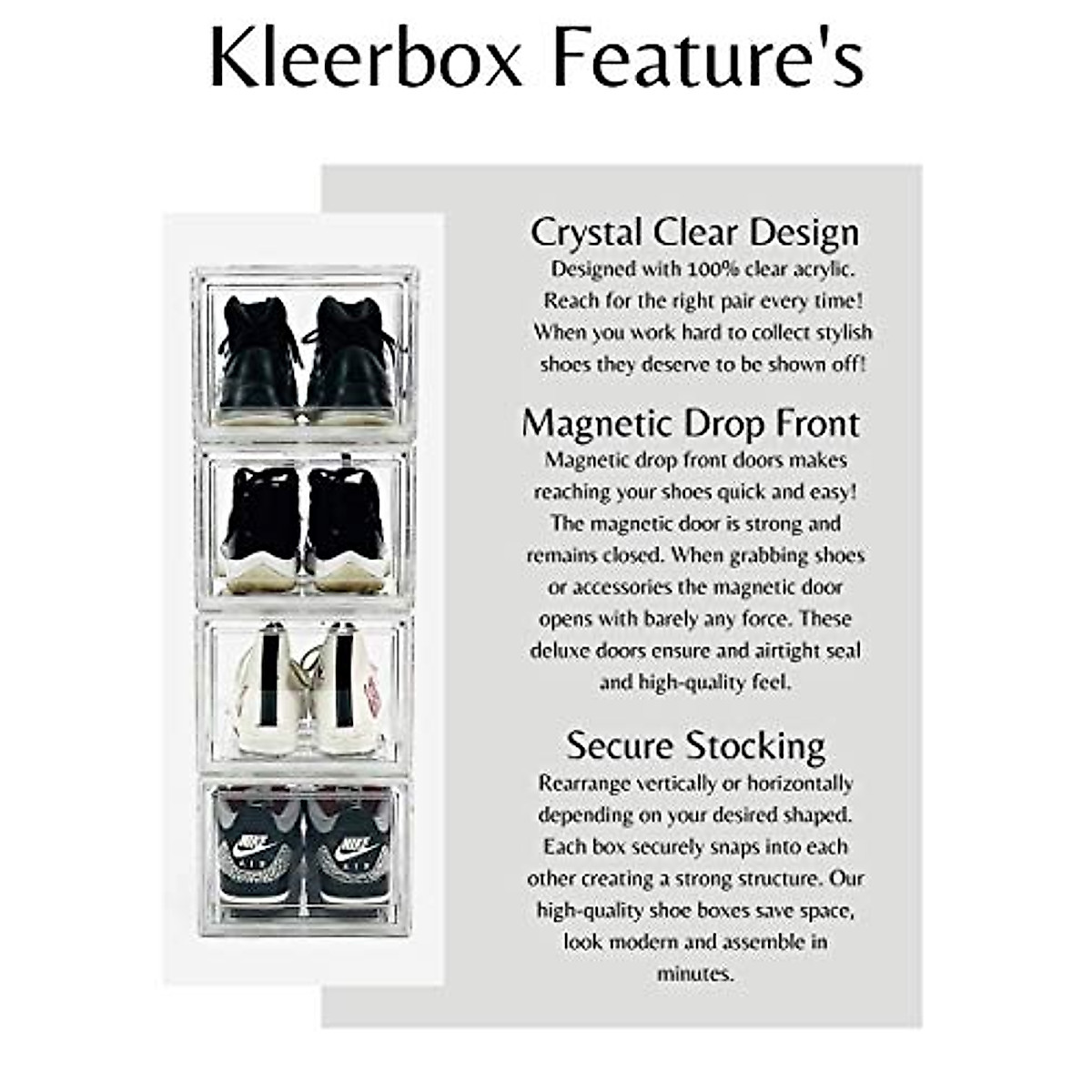 Kleerbox Shoe Box Organizer - 4 Pack - Acrylic - Secure Stacking Shoe Rack - Shoe Organizer - Closet Storage Organizer - Shoe Container for Display - Magnetic Drop Front - Dust, Crease Proof - Clear