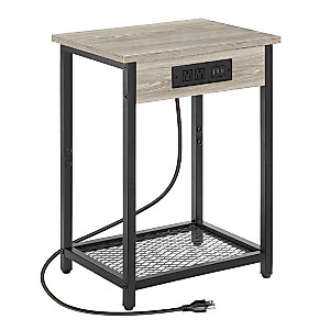 melos Nightstands with Charging Station, 2 Tier Bedside Table with USB Ports and Outlets, Narrow End Table with Storage Shelf, Side Tables for Bedroom, Living Room, Gray