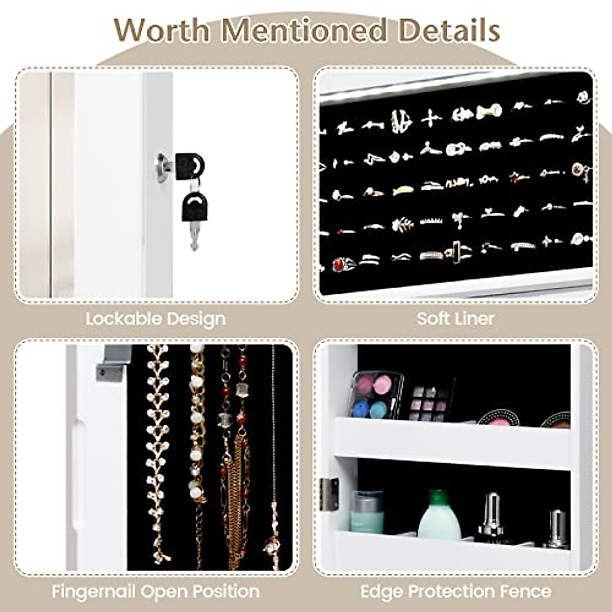 COSTWAY 12 LEDs Jewelry Cabinet, Wall/Door Mounted Jewelry Organizer Cabinet with 53.5” Full Length Mirror & Large Storage Capacity, Lockable Mirror Jewelry Armoire for Women Girls (White)
