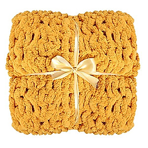 Chunky Knit Blanket Throw 40 x 60 Inch Handmade Chenille Cable Knit Throw Blanket Soft Chenille Yarn Knitted Throw for Bed Sofa Home Decor Chair Couch Pet Mat, Machine Washable (Yellow)