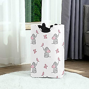 AGONA Cute Elephants Pink Butterflies Laundry Basket with Handles Large Storage Bin Collapsible Fabric Laundry Hamper Foldable Laundry Bag for Kids Room Toy Bins Gift Baskets Bedroom Baby Nursery