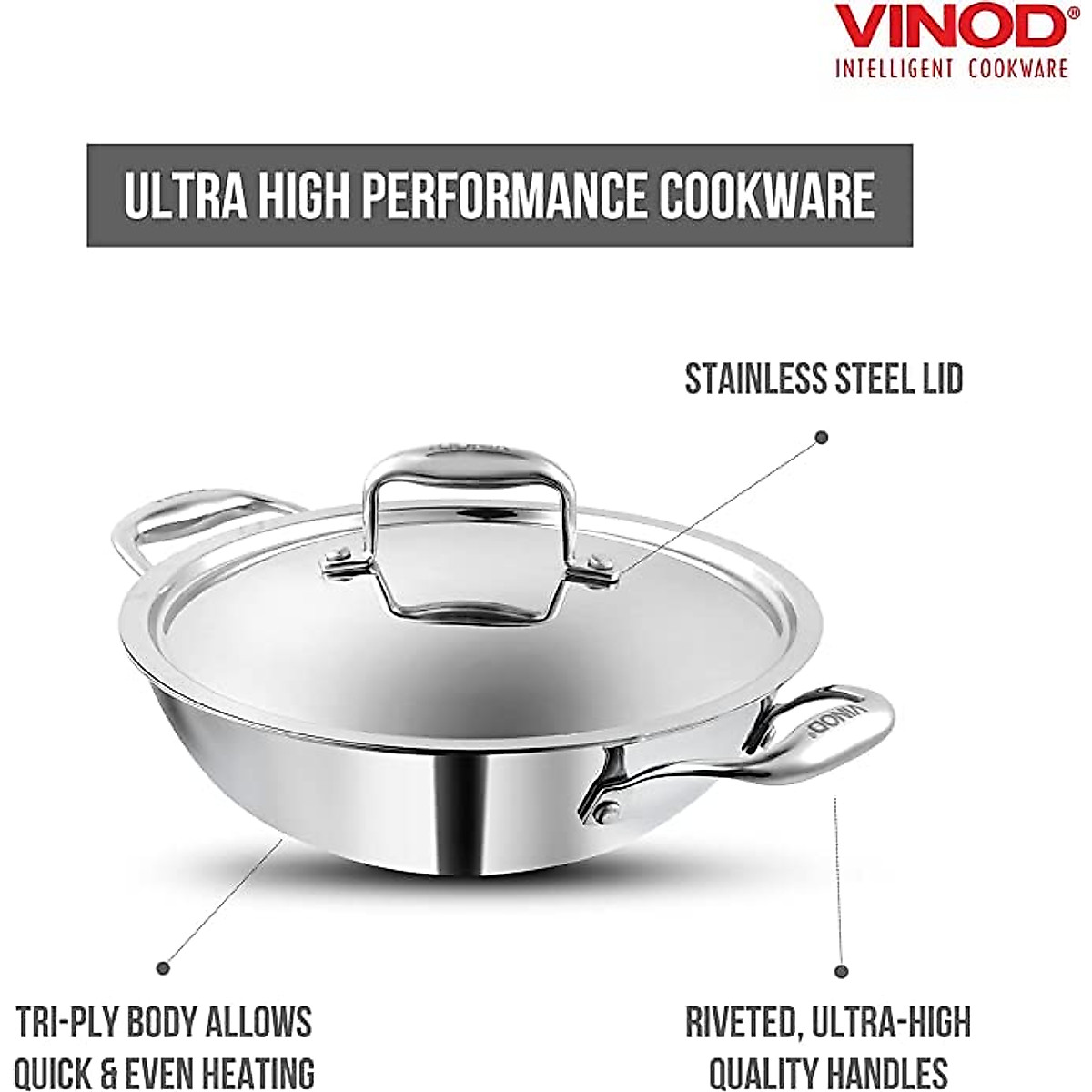 Vinod Platinum Kadai Triply Stainless Steel | Suitable For Indian Cooking, Sauces, Stews, Soups | Deep/Extra Deep Kadai With Lid | Induction, Electric Friendly (Extra Deep Kadai, 24cm)