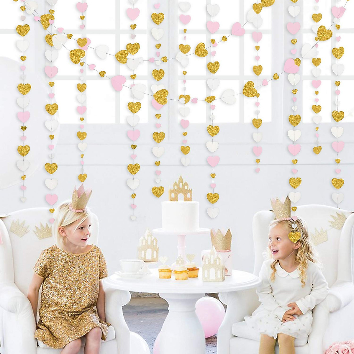 52 Ft Pink and Gold White Love Heart Garland Hanging Paper Streamer Banner for Anniversary Mother's Day Valentines Day Bachelorette Engagement Wedding Bridal Baby Shower Birthday Party Decorations