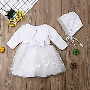 Cudilica Newborn Baby Girls Christening Princess Long Sleeve Tulle Lace Dress Skirts Shawl Hat 3Pcs Infant Clothes Sets (White, 0-3 Months)