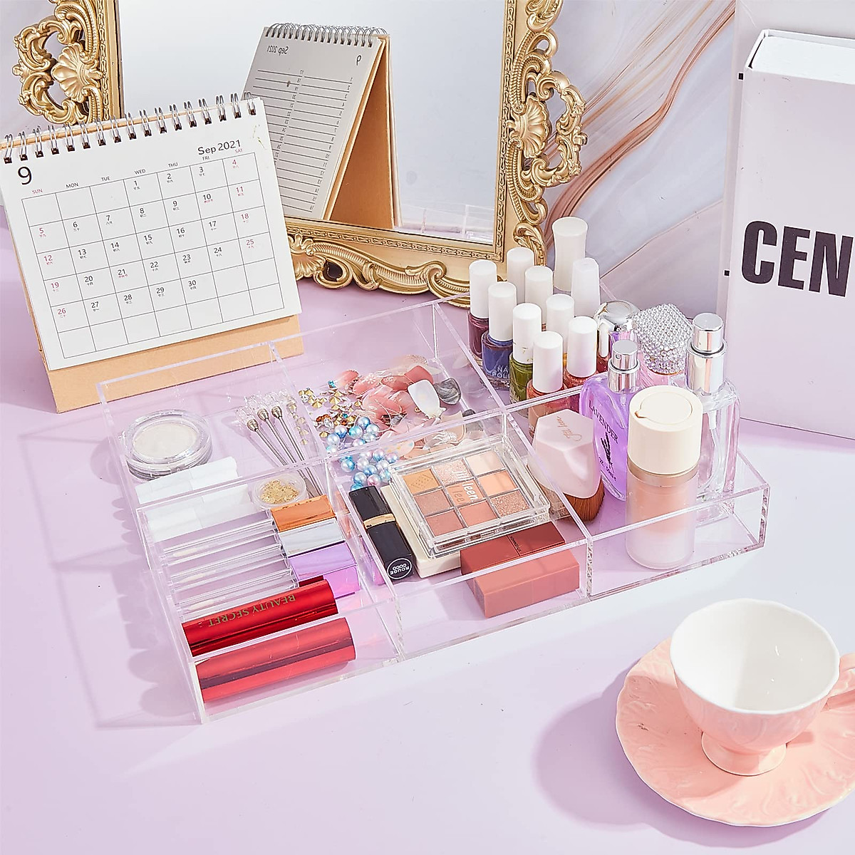 Juexica 2 Pcs Desk Drawer Organizer 3 Section Clear Acrylic Makeup Drawer Organizer Tray with Divided Inserts Trays Sectioned Organizer Bins Tray Drawers Storage for Bathroom Kitchen Office