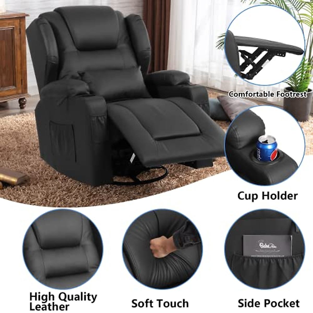 ETAGERIA Swivel Rocker Recliner Nursery Rocking Chairs 360 Degree, Manual Glider Recliner Chairs for Living Room,Upholstered Swivel Single Sofa Seat with Cup Holders, Side Pockets, Pillow, Leather
