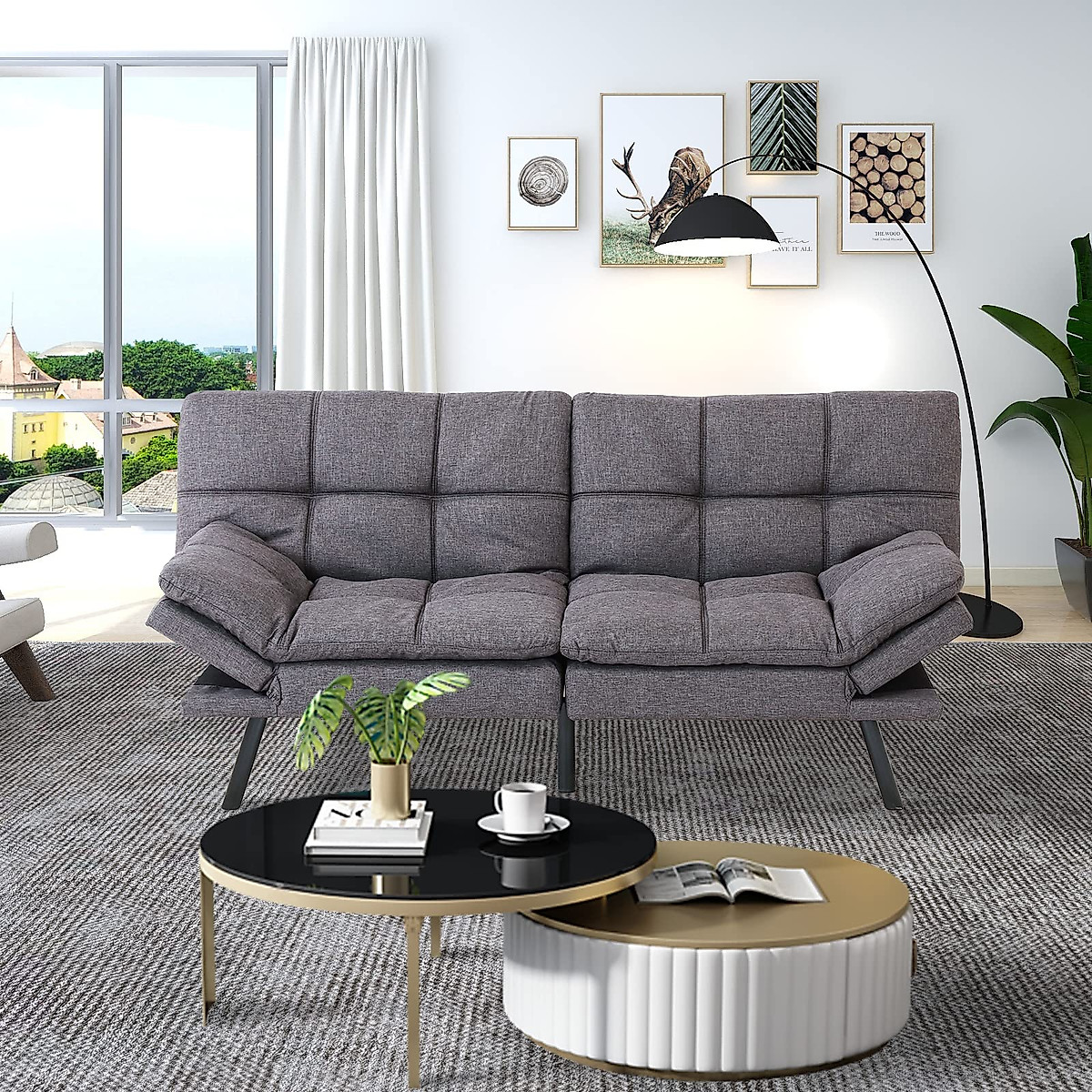 Maxspeed Futon Sofa Bed Memory Foam Sofa Couch Convertible Modern Loveseat Sleeper Sofa with Adjustable Armrests and Metal Legs,Multifunctional Grey Futon Sofa Bed for Apartment, Office, Small Spaces