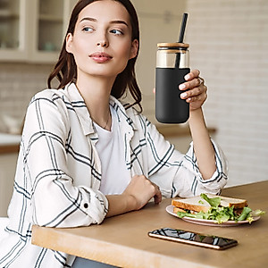 20oz Glass Water Tumbler with Silicone Protective Sleeve - Beer Can Glass Cups with Straw and Bamboo Lid, Iced Coffee Glasses, Cute Drinking Glasses for, Water Smoothie, Boba Tea, Gift - Black