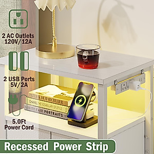 Furnulem 4 Drawer Dresser with Led Light and Charging Station, White Night Stand with Storage Shelf and Fabric & PVC Drawer, 33 Inch Bedside Table, Tall Nightstand for Entryway, Bedroom Furniture