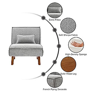 Art Leon Modern Modular Sofa Sherpa Fabric Single Sofa with Pillow, Accent Armless Chair with Wooden Legs for Living Room Bedroom, Set of 2, Gray