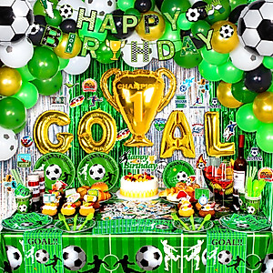 HJINGY 280 PCS Soccer Party Decorations, Soccer Themed Birthday Party Supplies Includes Soccer Balloons, Curtains, Happy Birthday Banner, Tablecloth, Plates, Napkins, Cake Toppers for Boys Sport Party