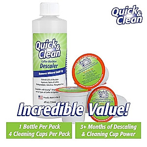 Quick & Clean 4-Pack of Cleaning Cups with Descaler Bundle (2 Total Uses) - 2.0 Compatible, Descaling Solution for Keurig, Nespresso, Ninja, Delonghi, All Coffee and Espresso Machines