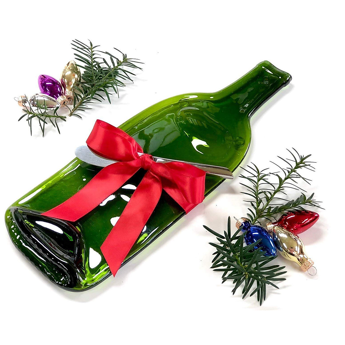 Melted Wine Bottle Cheese Serving Tray with Cheese Spreader and Red Ribbon, Unique Christmas Gift by Mitchell Glassworks