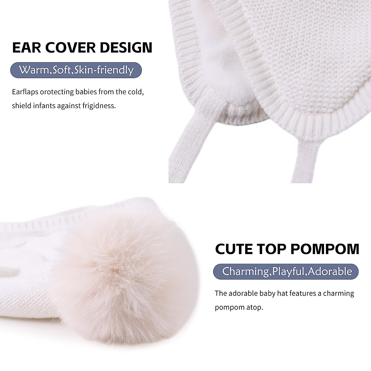Basic Winter Baby Beanie Gloves Boys Girls Knitted Hat Pompom Kids Earflap Hats Warm Infant Toddler Beanie Mittens Set(White(Hat+Gloves),S)