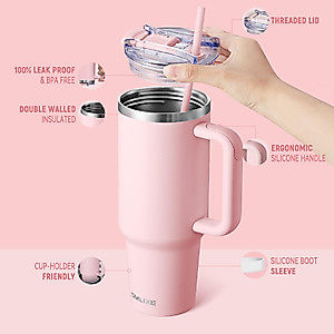 SMLIXE 40 oz Tumbler with Handle and Straw Lid,Insulated Reusable Stainless Steel Water Bottle Travel Mug，Cupholder Friendly Double Wall Vacuum Sealed Cup (Pink)