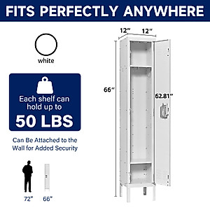 Yizosh Metal Lockers for Employees with Lock, Employees Locker Storage Cabinet with 1 Doors, Tall Steel Storage Locker for Gym, School, Office (White, 1 Door)