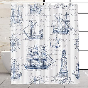 VEGA U Nautical Fabric Shower Curtain for Bathroom, Vintage Anchor Bath Decor with 12 Hooks, 72x72 Inch