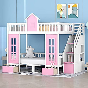 Polibi Full-Over-Full Bunk Bed with Storage Staircase and Changeable Table, Full Bunk Bed Turn into Upper Bed and Down Desk with 2 Drawers, Pink