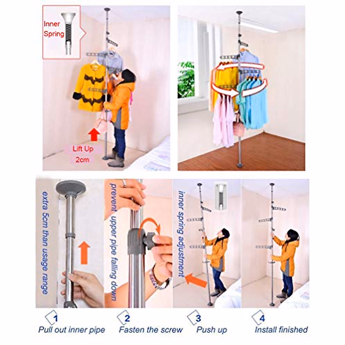 BAOYOUNI 4-Tier Standing Clothes Laundry Drying Rack Coat Hanger Organizer Floor to Ceiling Adjustable Metal Corner Tension Pole, Grey