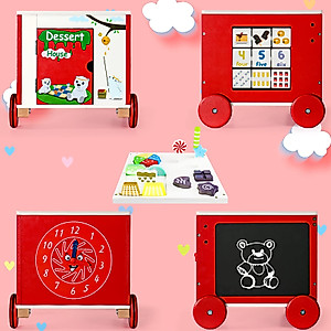 Baby Walker for Girls - Wooden Activity Cube Center for Baby with Pretend Food, Chalkboard, Clocks 6 in 1 Educational Learning Toys for Toddlers - Gift for 1 Year Old Girls & Boys - Easy Assembly