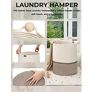 StorageWorks 58L Cotton Rope Laundry Basket with Wooden Beads Handles, Woven Basket for Storage, Dirty Clothes, Kids Toys, Towels, White & Light Brown