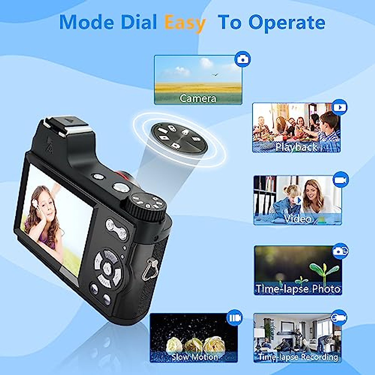 4K Digital Camera for Photography and Video - lovpo 4K 48MP Vlogging Camera for YouTube with SD Card, Manualfocus, 18X Digital Zoom Travel Portable Video Camera with Neck Strap, Anti-Shak, Mode Dia