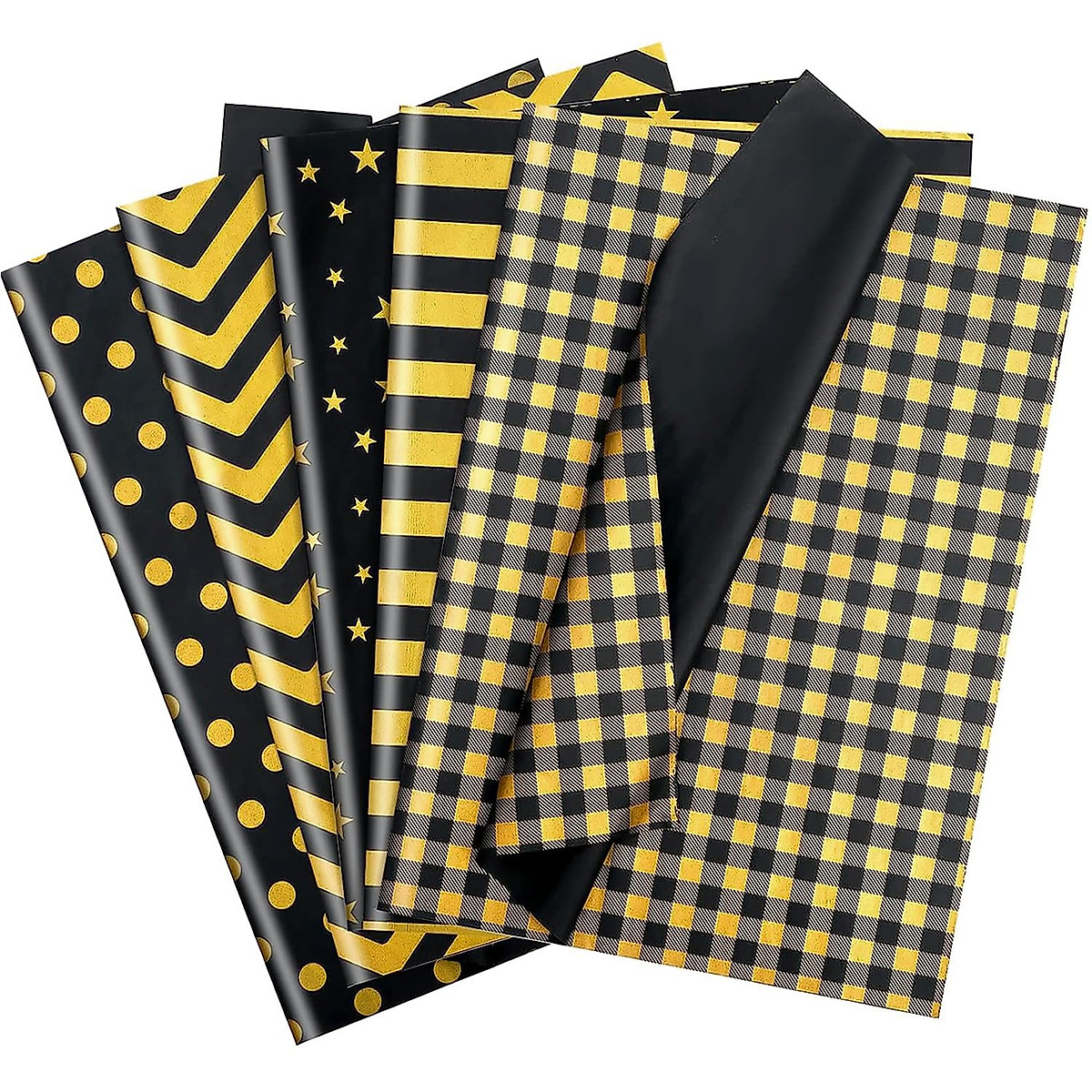 Bolsome 100 Sheets Gold Black Tissue Paper Bulk, 14"x20" Metallic Tissue Paper with Buffalo Plaid, Star, Stripe, Polka Dot, Wave Gold Design Patterned for 2023 Graduation Gift Wrapping