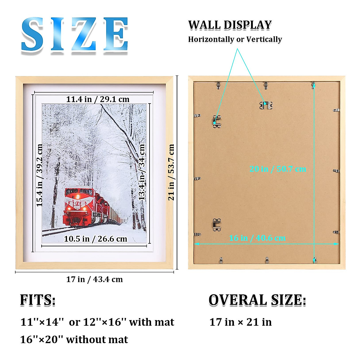 Egofine 16x20 Poster Frame Solid Wood Frame with Plexiglass Matted for 11x14/12x16 for Wall Mounting Hanging Picture Frame Vertically or Horizontally, Natural Wood